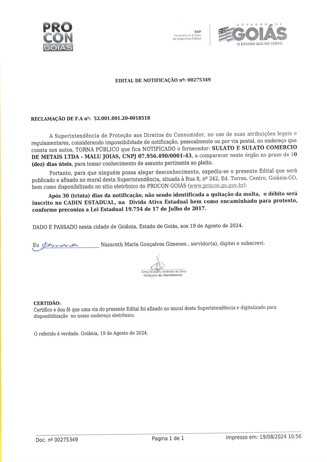 Edital de Notificação nº 00275349, Fornecedor SULATO E SULATO COMERCIO ...