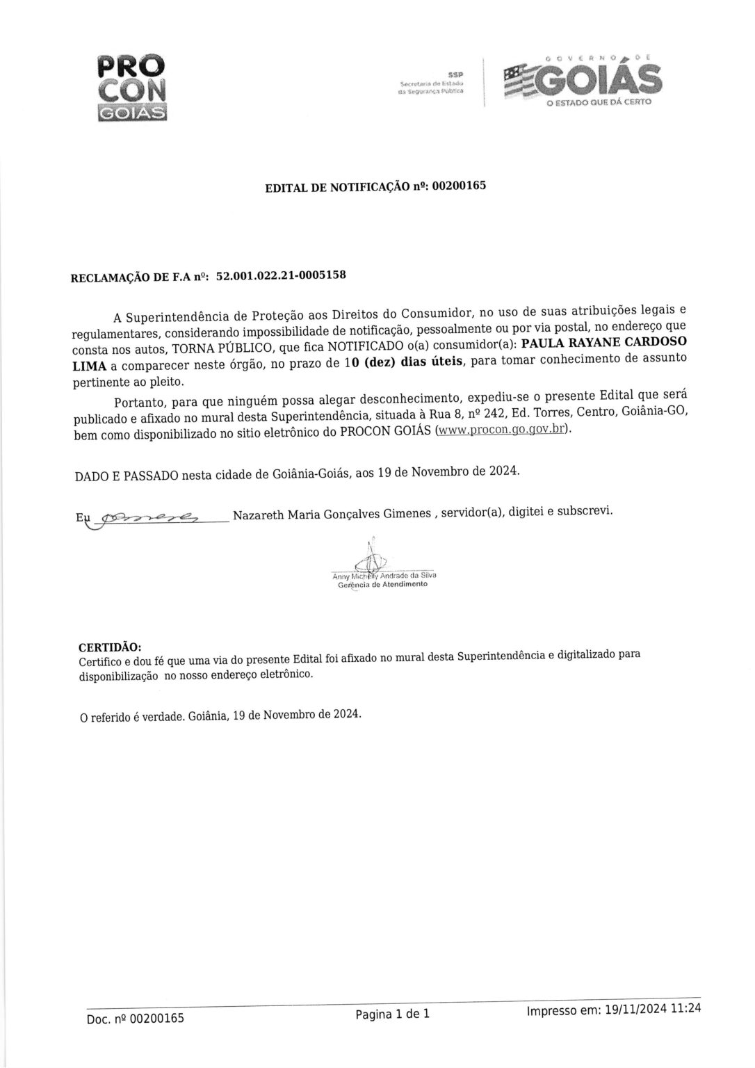 Edital de Notificação, n° 00200165, Consumidor(a) PAULO RAYANE CARDOSO ...