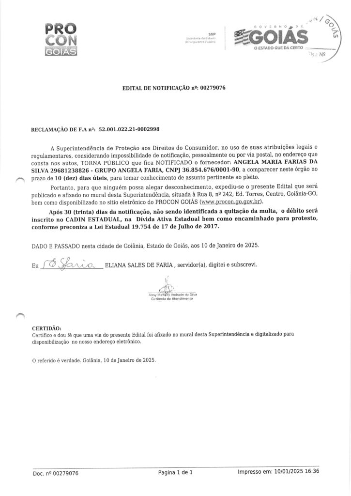 Edital de Notificação nº 00279076, Fornecedor ANGELA FARIA DA SILVA ...