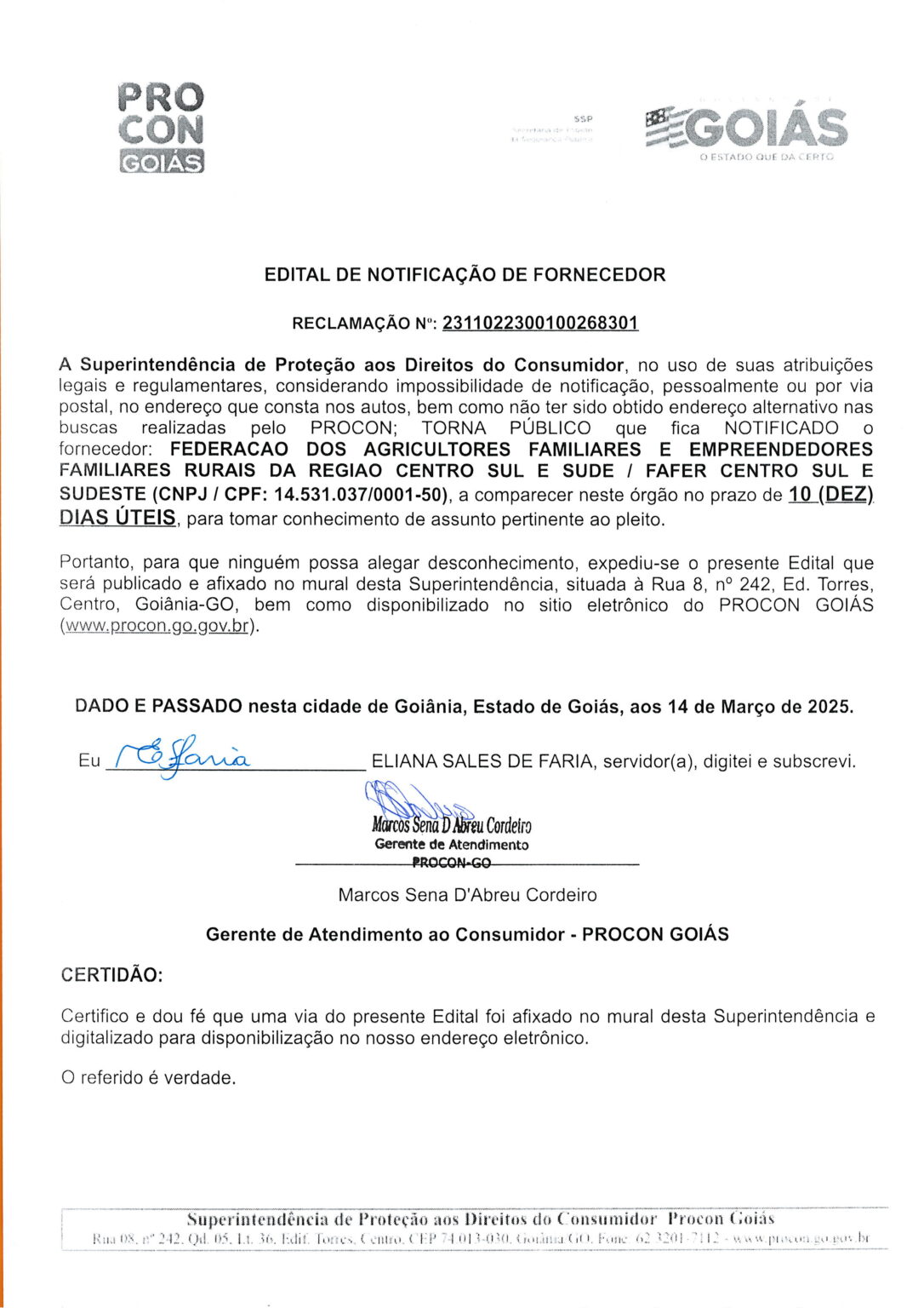 Edital de Notificação nº 2311022300100268301, Fornecedor FAFER CENTRO ...