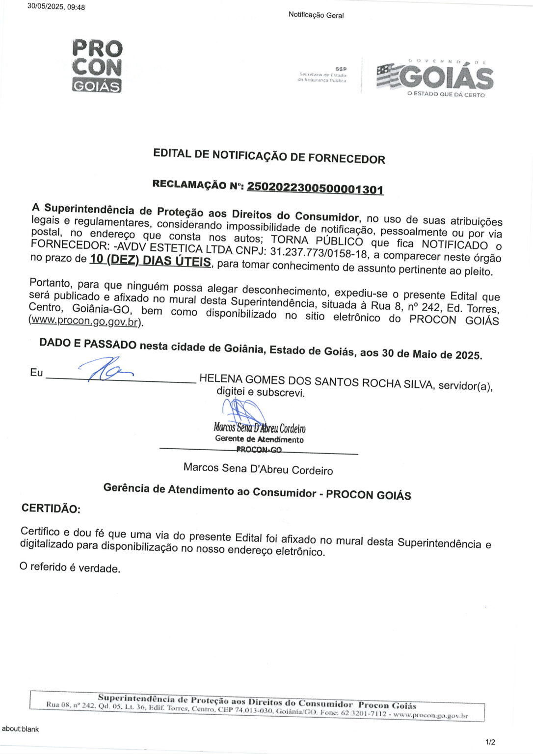 Edital de Notificação Nº 2502022300500001301, Fornecedor AVSV ESTETICA ...