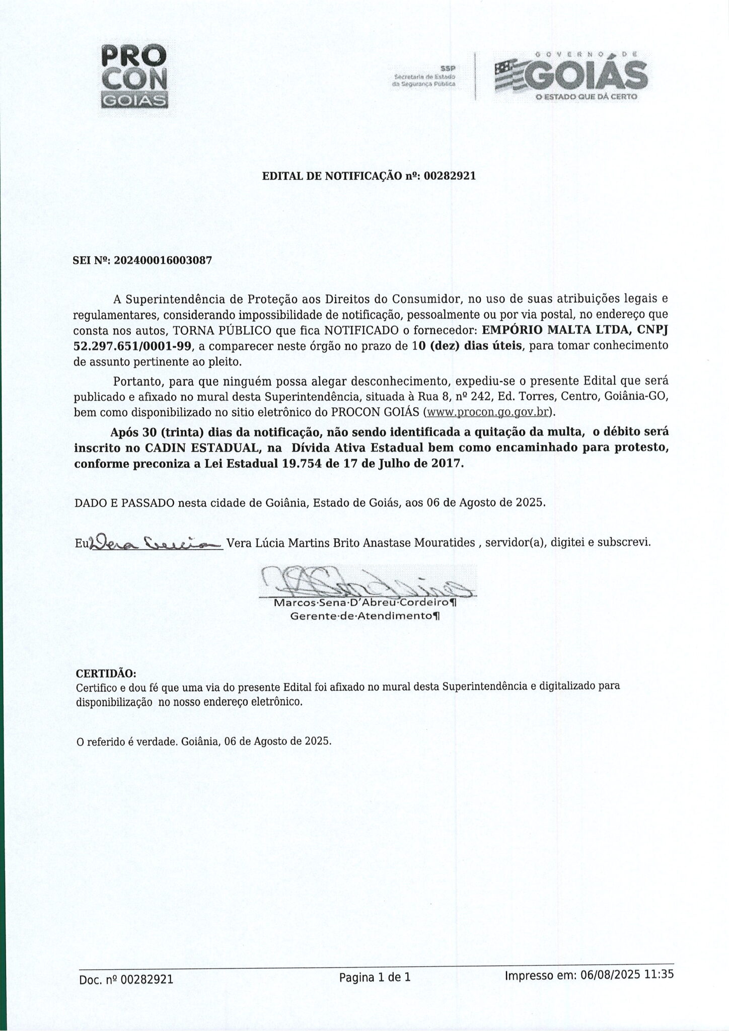 Termo de Notificação Nº 00282921 , Fornecedor EMPÓRIO MALTA LTDA – PROCON
