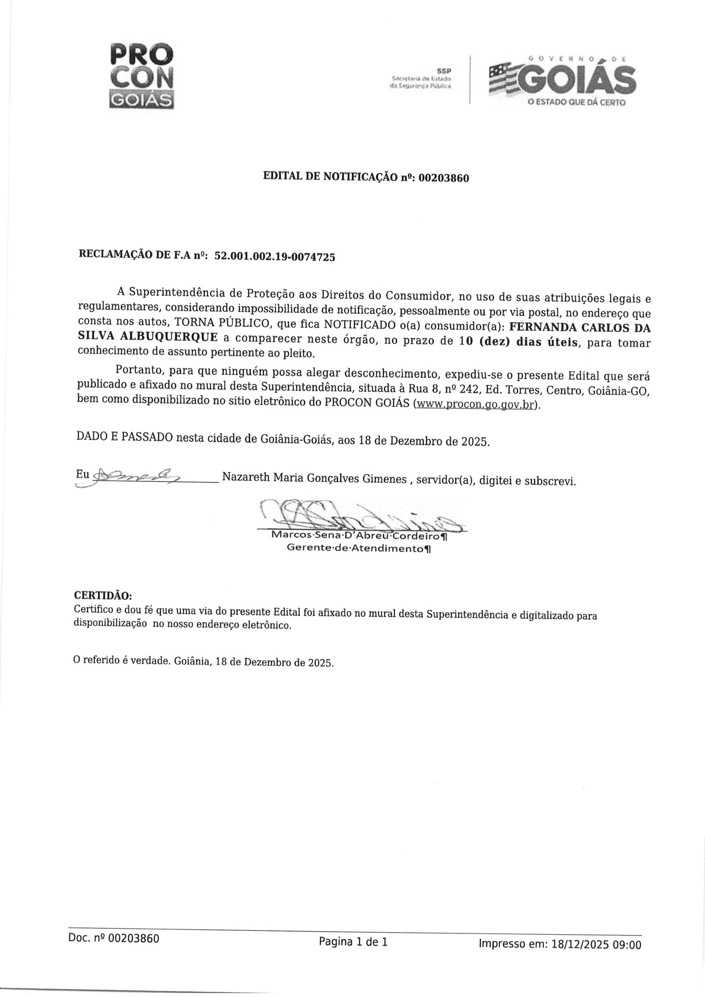 EDITAL DE NOTIFICAÇÃO Nº 00203860 , CONSUMIDOR FERNANDA CARLOS DA SILVA ...