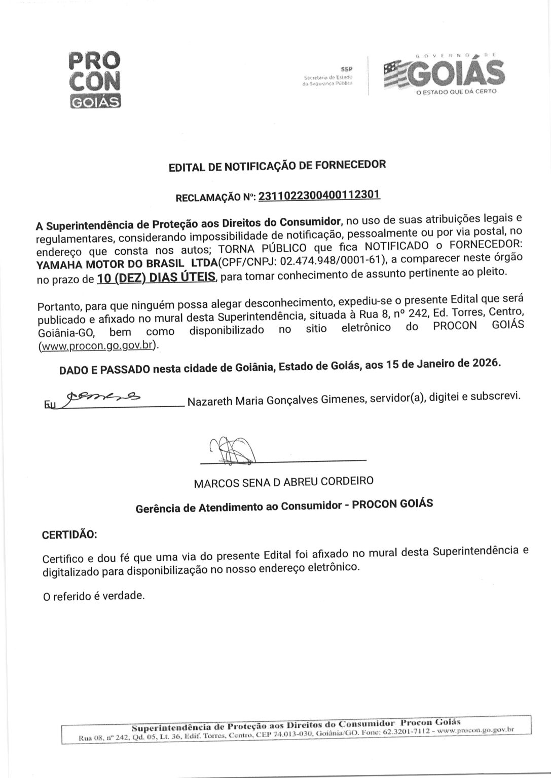 EDITAL DE NOTIFICAÇÃO Nº 2311022300400112301, FORNECEDOR YAMAHA MOTOR ...